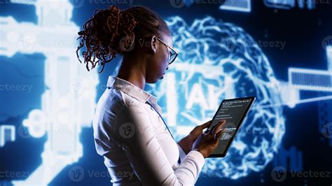 It Specialist Updating Ai Systems Writing Intricate Binary Code Scripts On Tablet Visualizing