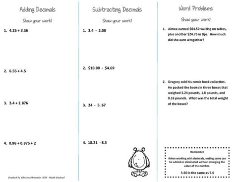 Adding And Subtracting Decimal Print N Fold Foldable Interactive Notebook