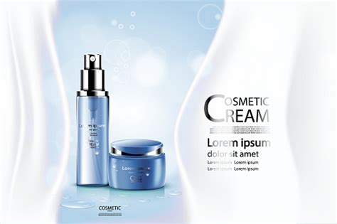 럭셔리 화장품 병 패키지 피부 케어 크림 뷰티 화장품 제품 포스터 Bokeh 및 물 배경 3차원 형태에 대한 스톡 벡터 아트 및