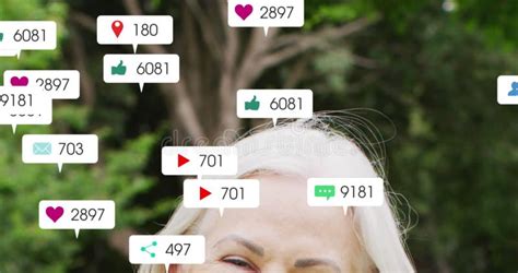animation of social media icons and numbers over caucasian woman in