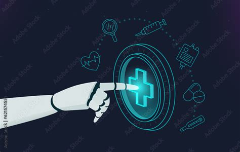 Robot Hand Pressing Hologram Button With Hospital Icon And Equipment