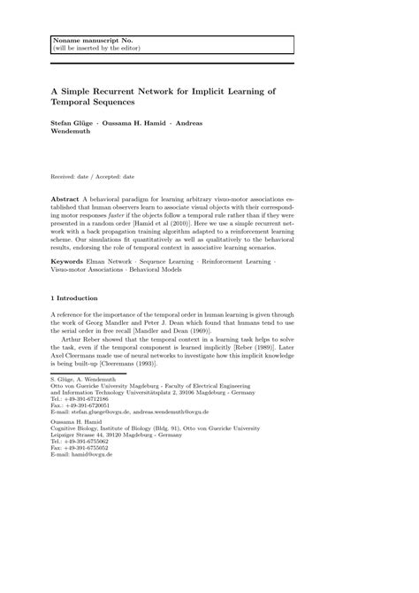 pdf a simple recurrent network for implicit learning of temporal