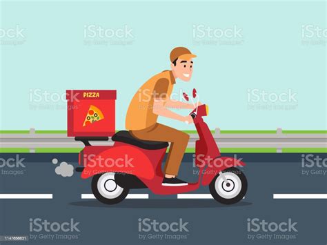 배달 오토바이에 남자 피자를 들고 있다 문자 평면 디자인 벡터 일러스트입니다 벡터 교통수단에 대한 스톡 벡터 아트 및 기타 이미지 교통수단 남자 등장인물 Istock