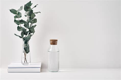 코르크 스토퍼가 있는 투명한 병과 흰색 배경에 유칼립투스 가지가 있는 화병 실내 장식소재의 천연 및 친환경 소재 복사 공간 모의 0명에 대한 스톡 사진 및 기타 이미지