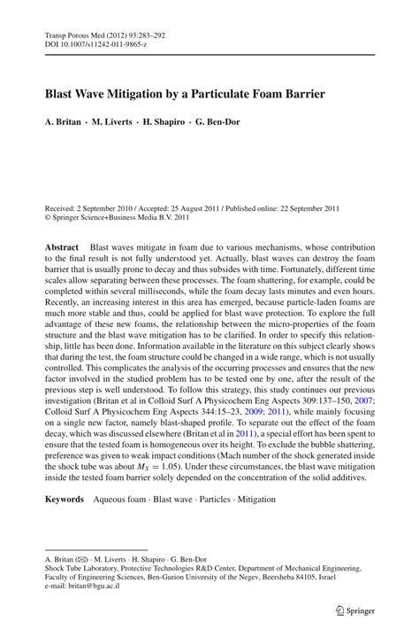 Pdf Blast Wave Mitigation By A Particulate Foam Barrier