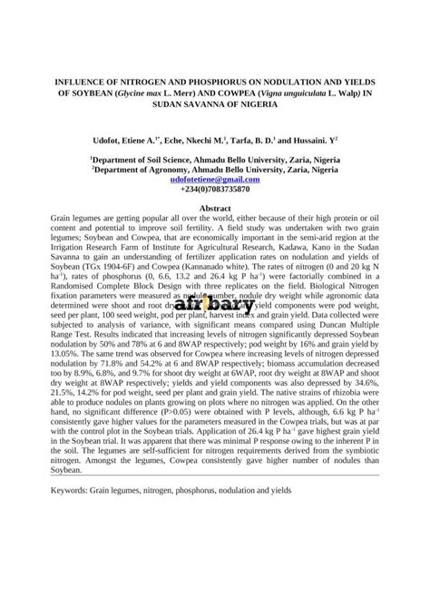 Influence Of Nitrogen And Phosphorus On Nodulation And Yield Of Soybean Afribary