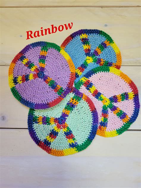 Peace Sign Coaster Hippie Coasters Set Of 4 Crocheted With 10 Thread