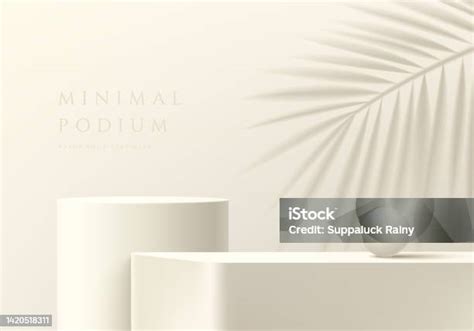 추상적인 3d 베이지 배경 현실적인 스텝 크림 큐브 및 팜 리프 그림자 오버레이가있는 실린더 스탠드 연단 모형 제품 표시를위한 최소한의 장면 벡터 기하학적 형태 라운드