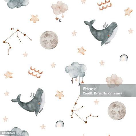 조디악 기호가 있는 수채화 완벽 한 패턴 물병자리 구름 별자리 별자리 기호 포스터 엽서 섬유 포장 인쇄 별자리 0명에 대한 스톡 벡터 아트 및 기타 이미지 Istock