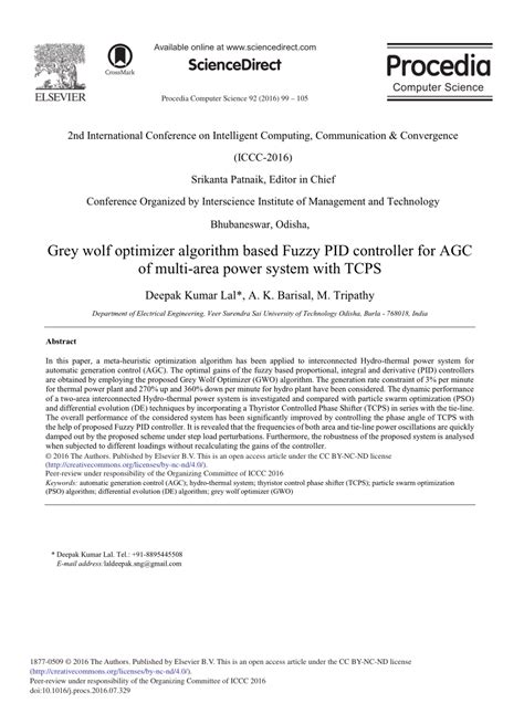 Pdf Grey Wolf Optimizer Algorithm Based Fuzzy Pid Controller For Agc