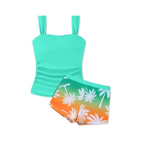 Byoo Tween Girls 2 Piece Tankini Set Ruched Swim Top With Tropical