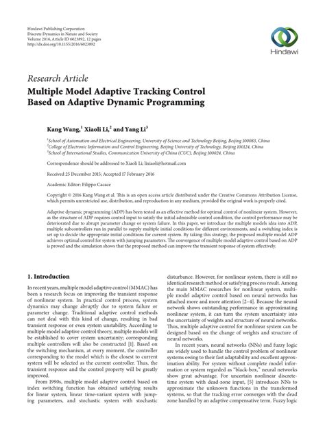 Pdf Multiple Model Adaptive Tracking Control Based On Adaptive