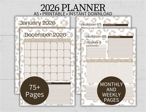 Printable Leopard Print A5 Planner Instant Download Monthly Calendar