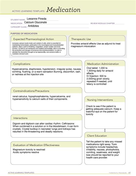 Calcium Gluconate Ati Learning Template Active Learning Templates