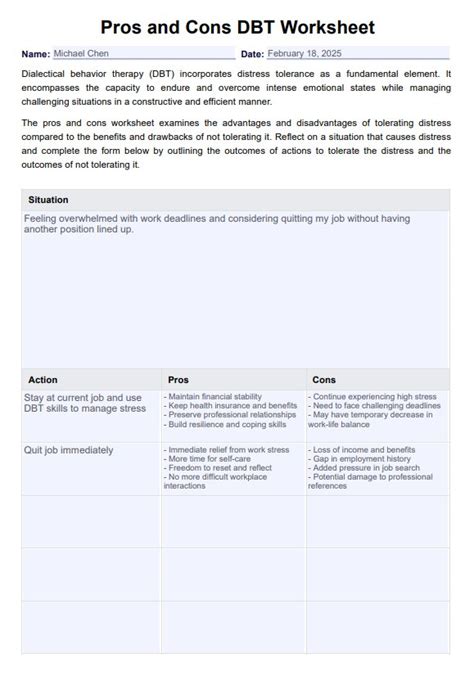 Pros And Cons Dbt Worksheet And Example Free Pdf Download