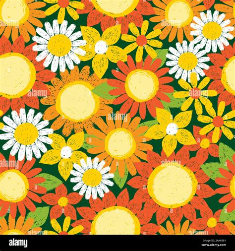 vector colorful yellow and orange textured sunflowers pen sketch repeat pattern suitable for