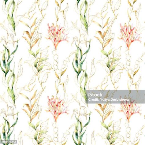 라미나리아 잎과 산호와 수채화 원활한 패턴 흰색 배경에 고립 된 조류와 열대 말미잘과 손으로 수중 꽃 그림을 그린 디자인 직물