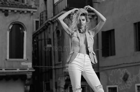 Attractive Tourist Woman Posing With Slim Body Outdoor Beautiful Model