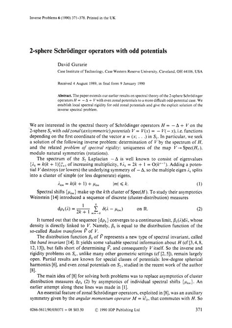 Pdf 2 Sphere Schrodinger Operators With Odd Potentials
