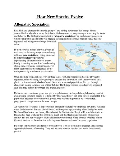 Selection Pressure And Speciation Teaching Resources