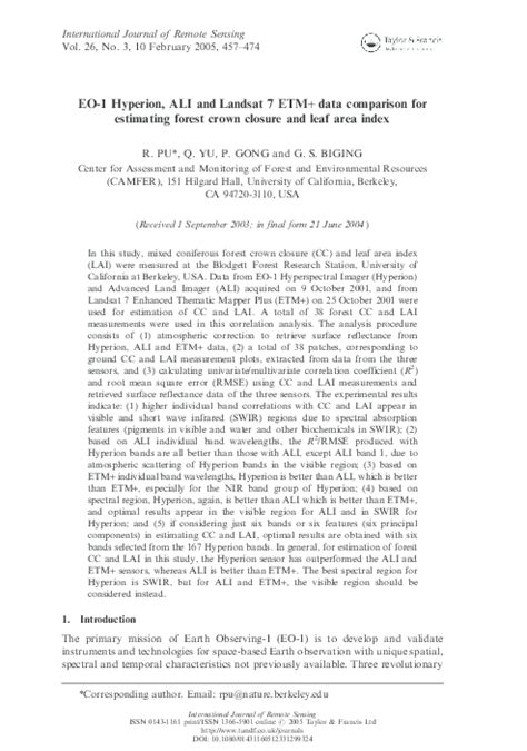 Pdf Eo‐1 Hyperion Ali And Landsat 7 Etm Data Comparison For Estimating Forest Crown Closure