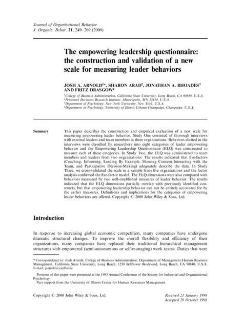 The Empowering Leadership Questionnaire The Construction And Validation Of A New Scale For