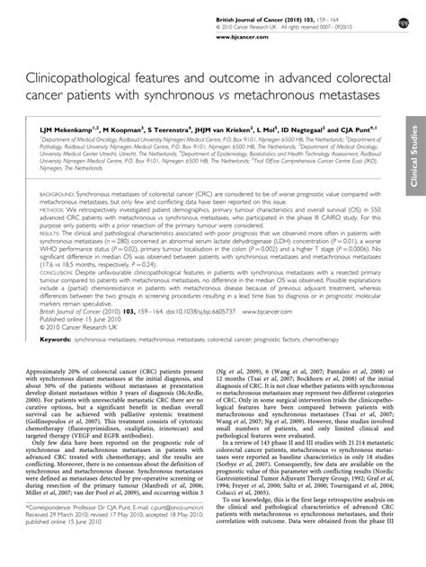 Pdf Clinicopathological Features And Outcome In Advanced Colorectal Cancer Patients With