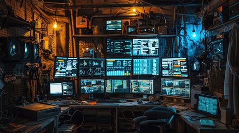 Hackers Lair A Dark Cluttered Room Filled With Multiple Monitors Coding Scripts And Hacking