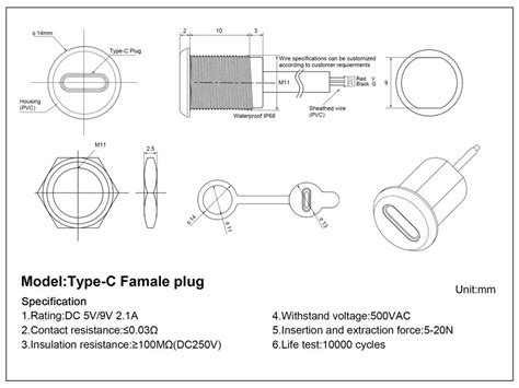 Panel Mount USB C Female Connector With Dust Cap JST PH Connector Output Black