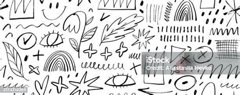 다양 한 연필 또는 목탄 모양과 선 완벽 한 패턴 낙서 눈 별 왕관 및 구불구불한 모양 낙서 드로잉에 대한 스톡 벡터 아트 및