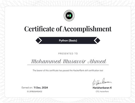Mohammed Musavvir Ahmed On Linkedin Python Certification Hackerrank Programming