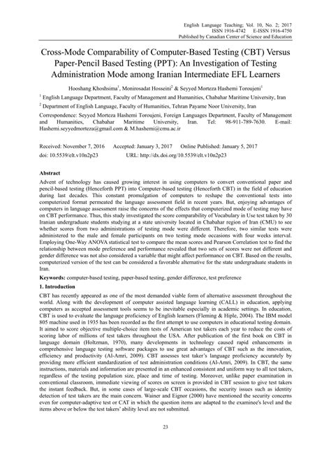 Pdf Cross Mode Comparability Of Computer Based Testing Cbt Versus Paper Pencil Based Testing