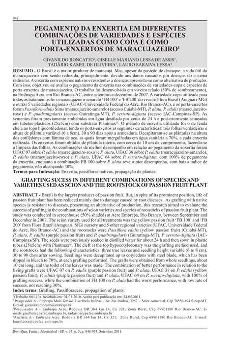 Pdf Grafting Sucess In Different Combinationsof Species And Varieties Used As Scion And The