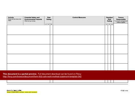 Form Safe Work Method Statement Template Page Word Document Flevy