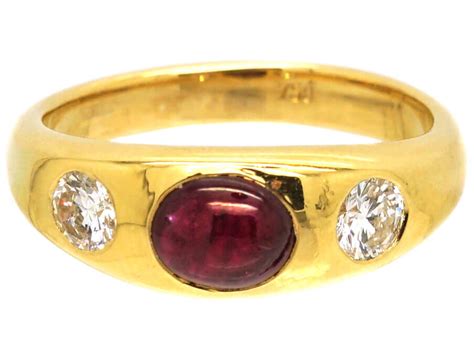 18ct Gold Rub Over Set Cabochon Ruby And Diamond Three Stone Ring 44w