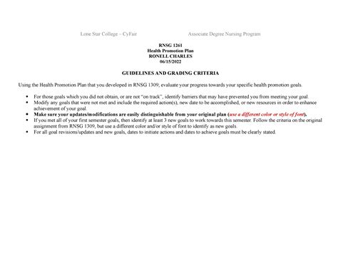 Ronell Charles Health Promotion Plan Criteria 1261 Lone Star College Cyfair Associate Degree