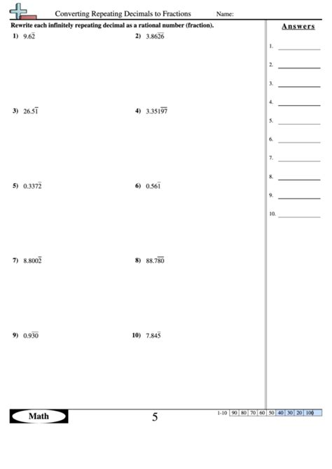 Converting Repeating Decimals To Fractions Worksheet With Answer Key