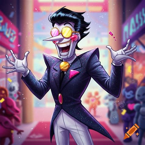 A Character Resembling Spamton In A Sparkly Suit Stands In A Brightly