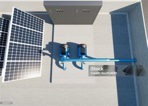 옥상 공장에 있는 물 펌프 스테이션의 3d 렌더링 원심 펌프 전기 모터 파이프 라인 밸브 태양 전지 패널 및 컨트롤 박스를 포함합니다 분배 급수 공급을위한 산업 작업 기계
