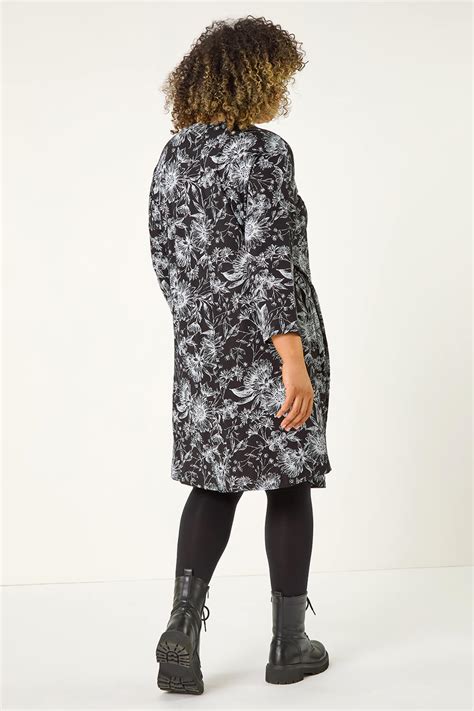 Black Curve Floral Print V Neck Pleated Swing Dress Roman Uk