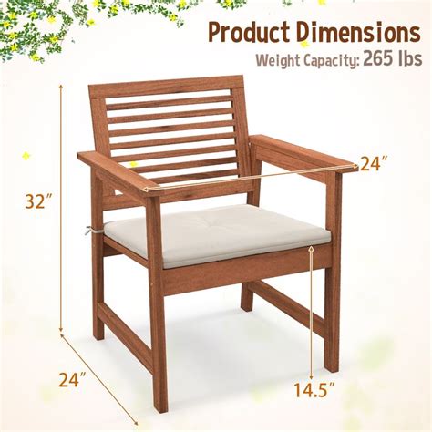 Set Of 2 Patio Solid Wood Dining Chairs With Cushions And Slatted Seat