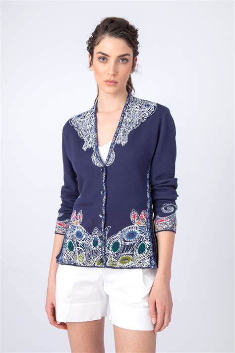 Jacquard Jacket V Neck Neckless Pattern Navy Knitted Jackets