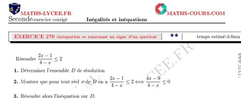 Maths Lycee Fr Exercice Corrigé Maths Seconde Inéquation Se Ramenant Au Signe Dun Quotient