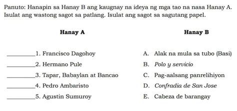 Panuto Hanapin sa Hanay B ang kaugnay na | StudyX