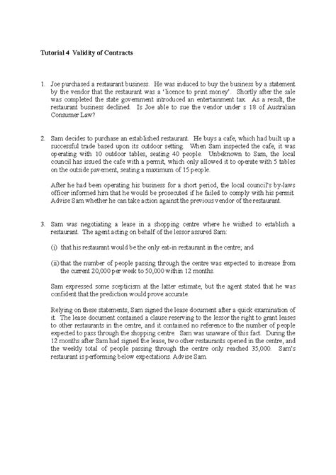 Tutorial 4 Validity Of Contracts Tutorial 4 Validity Of Contracts Joe Purchased A Restaurant