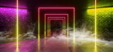 연기 안개 콘크리트 그런 지 벽돌 복도 터널 어두운 홀 반사 네온 빛나는 공상 과학 Fi 미래 현대 경로 무지개 녹색 보라색 활기찬 사각형 모양 게이트 스테이지 쇼 레이저