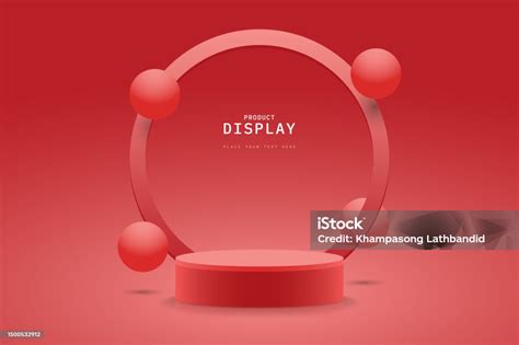 빨간색 3d 실린더 연단 받침대는 원형 링 모양과 구체 공이 떠 있고 튀는 현실적이거나 제품 디스플레이 스탠드입니다 추상 3d 벡터 기하학적 형태 디자인 모형을 위한