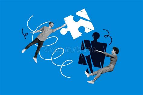 Creative Collage Picture Young Woman Man Superhero Puzzle Game Connect