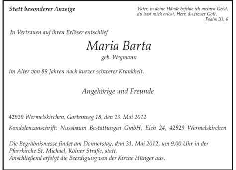 Alle Traueranzeigen Für Maria Barta Trauerrp Onlinede