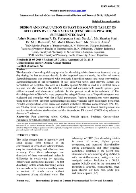 Pdf Design And Evaluation Of Fast Dissolving Tablet Of Beclofen By Using Natural Fenugreek